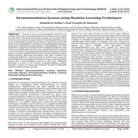 Recommendation System using Machine Learning Techniques | PDF