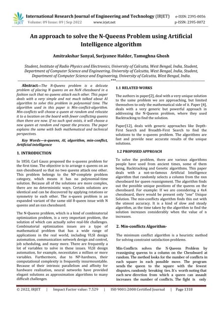 An Approach To Solve The N Queens Problem Using Artificial Intelligence Algorithm Pdf