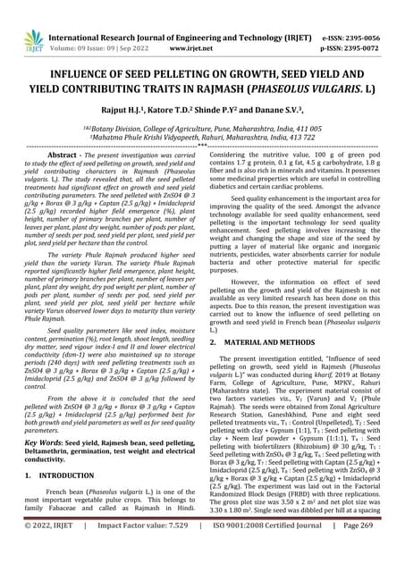 Influence Of Seed Pelleting On Growth Seed Yield And Yield
