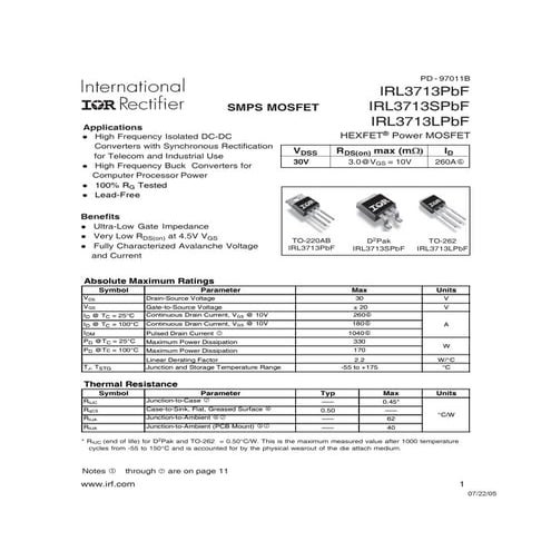 Original Mosfet IRL3713PBF 3713 30V 180A TO-220 New IR | PDF