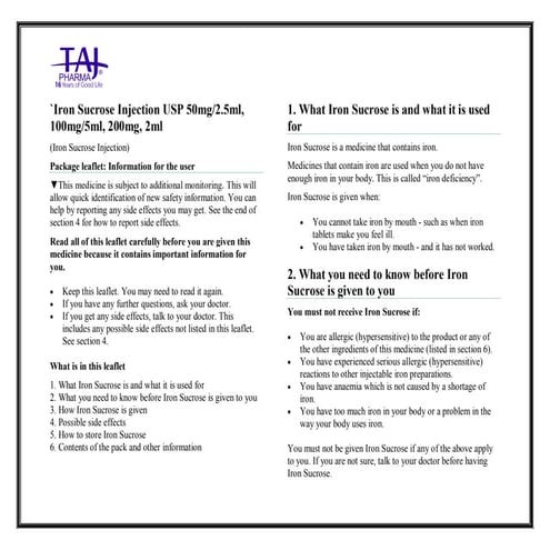 Iron Sucrose for Injection USP Taj Pharma PIL | PDF