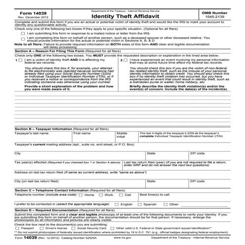 IRS ID Theft Affidavit Form 14039 | PDF
