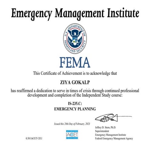 Emergency Planning Certificate from FEMA | PDF
