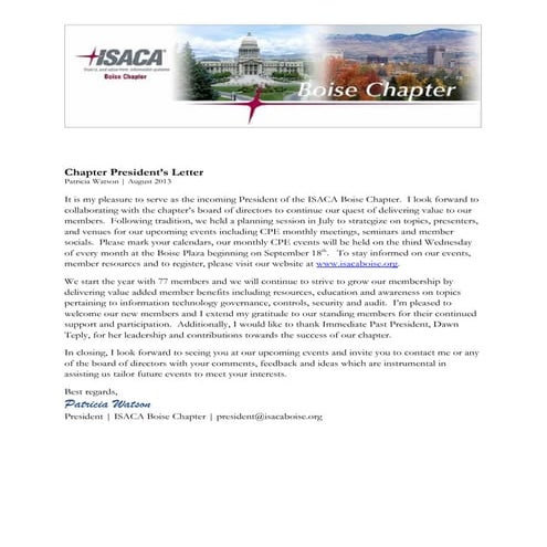 ISACA President Letter | Patricia Watson | 2013 | PDF
