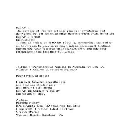 ISBARR The purpose of this project is to practice formulat | DOCX