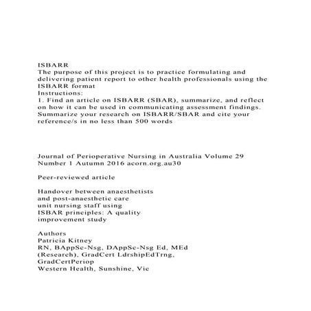 ISBARR The purpose of this project is to practice formulat.docx