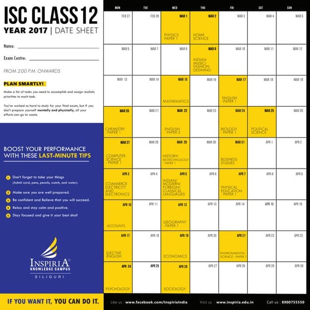 ISC Class 12 Exam Schedule 2017 | PDF