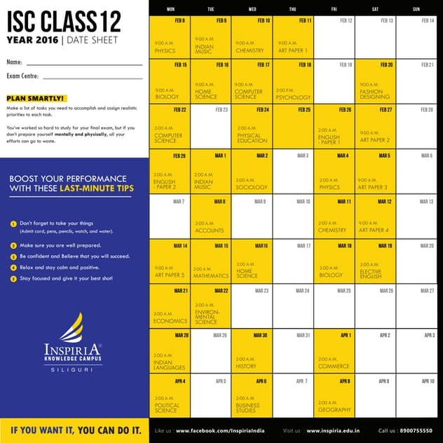 ISC Exam Date Sheet 2016 | PDF