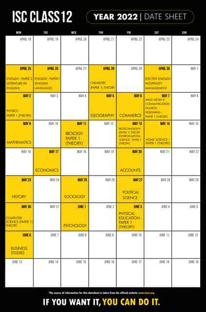 ISC Class 12 Datesheet 2024 | PDF