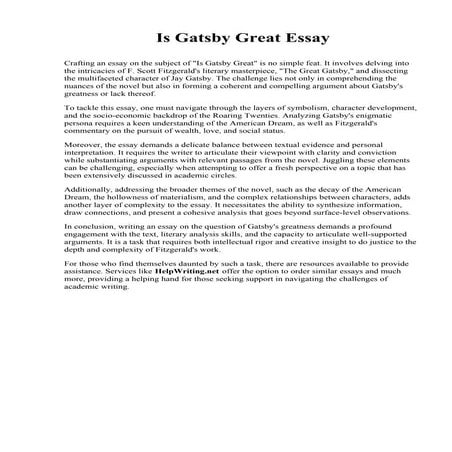 Is Gatsby Great Essay. Jackson State University | PDF