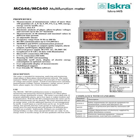 Iskra MC 640 Multifunction Meter Datasheet Manual | PDF