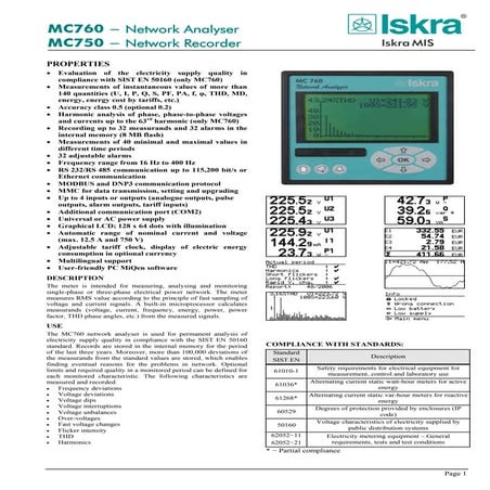 Iskra MC 760 Network Analyzer - Datasheet Manual | PDF