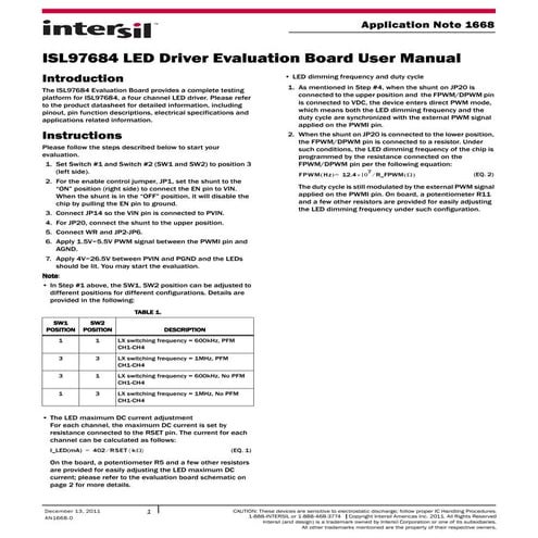 ISL97684 Led Driver Evaluation Board User Manual | PDF