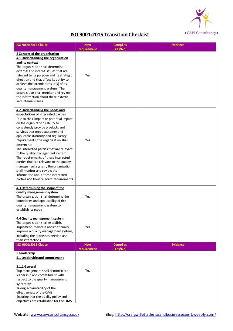Iso 9001 transition checklist