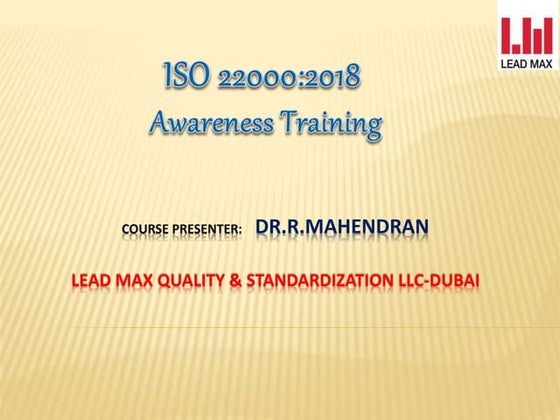 ISO 22000 2018(Food safety Management System) Awareness. | PPTX