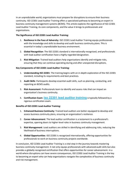 ISO 22301 is an international standard for business continuity ...