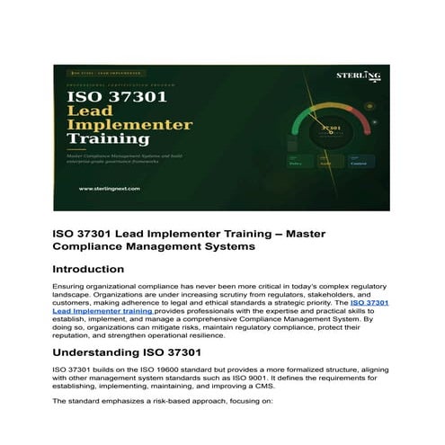 ISO 37301 Lead Implementer Training – Master Compliance Management ...
