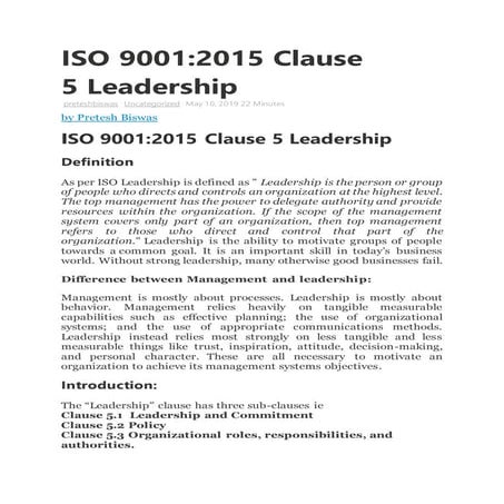 Iso 9001 2015 clause 5 leadership | DOCX