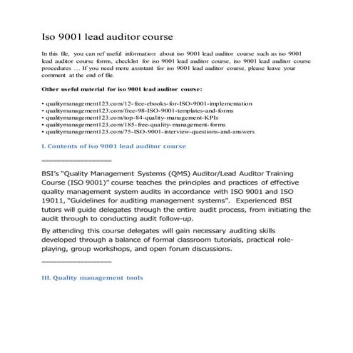 Iso 9001 lead auditor course | DOCX