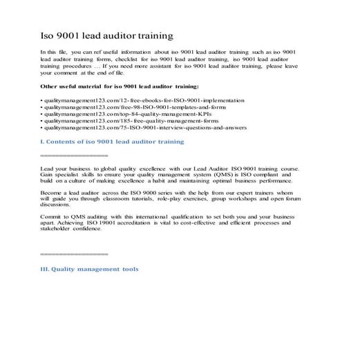 Iso 9001 lead auditor training | DOCX