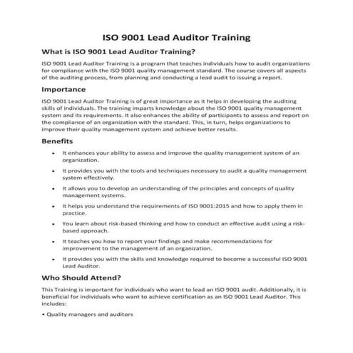 ISO 9001 Lead Auditor Training | PPT | Business Accounting & Finance | Business