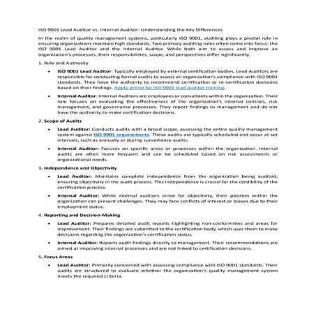 ISO 9001 Lead Auditor vs. Internal Auditor Understanding the Key ...