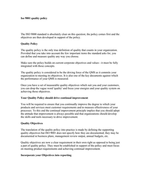 What is quality, Quality Policy and Objectives? | PDF