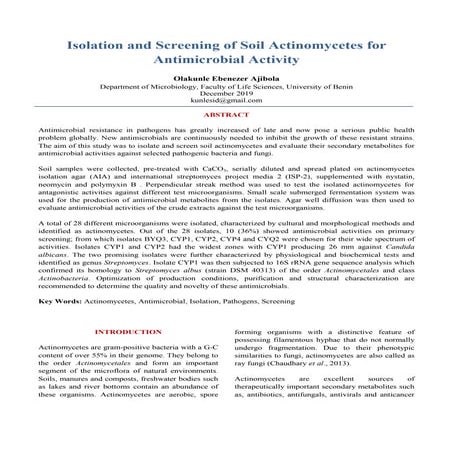 Isolation and Screening of Soil Actinomycetes for Antimicrobial ...