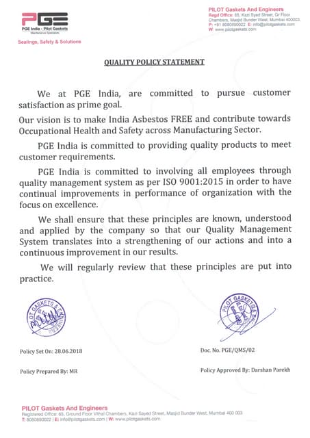 EIL Vendor Registration for PILOT Gaskets | PDF