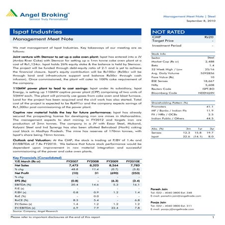 Ispat Industries Management Meet Note-080910 | PDF