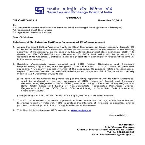 Issue of no objection certificate for release of 1% of issue amount | PDF