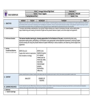 WEEKLY-PLAN-GRADE6 lesson plan for grade 6 | DOCX