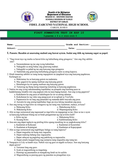 2nd-Quarter-Exam-EsP-10 for second grading | DOCX