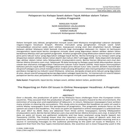 (PDF) Pelaporan Isu Kelapa Sawit dalam Tajuk Akhbar | PDF