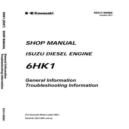Isuzu 6 hk1 diesel engine service repair manual (for kawasaki wheel loader 85z7) | PDF
