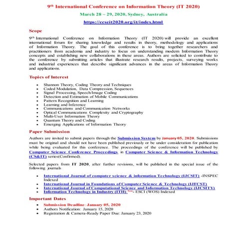 15th International Conference on Information Theory (IT 2026) | PDF