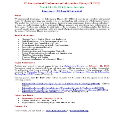 15th International Conference on Information Theory (IT 2026) | PDF