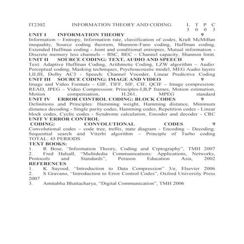 It2302 information theory and codingl t p c | DOCX