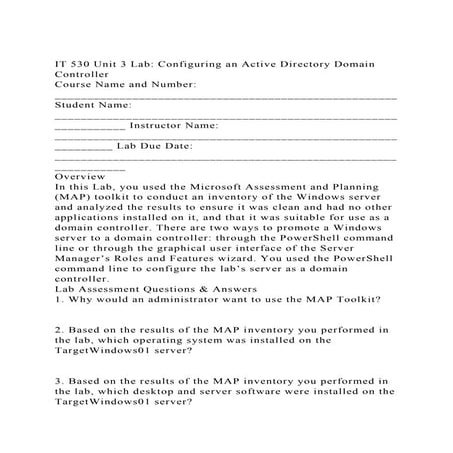 IT 530 Unit 3 Lab Configuring an Active Directory Domain Controll.docx