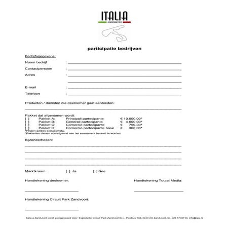 Italia a Zandvoort 2012 - Standhouders Inschrijfformulier | PDF