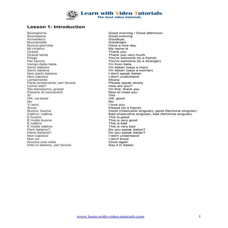 Learn Italian language, Italian course, lesson 1: Introduction | PDF