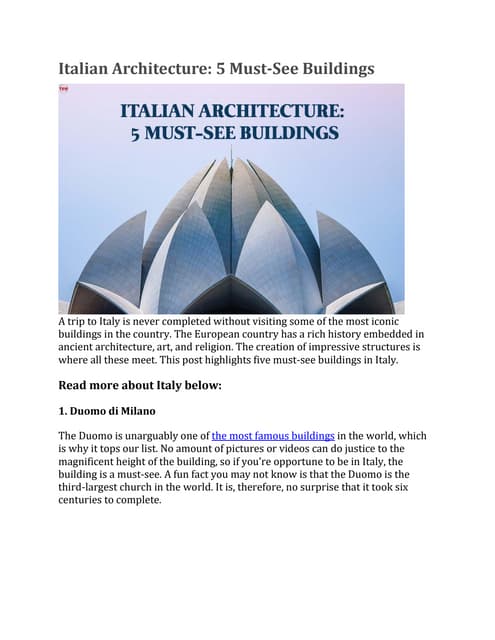 Must visit places in Italy | PDF | Europe Travel | Travel Locations