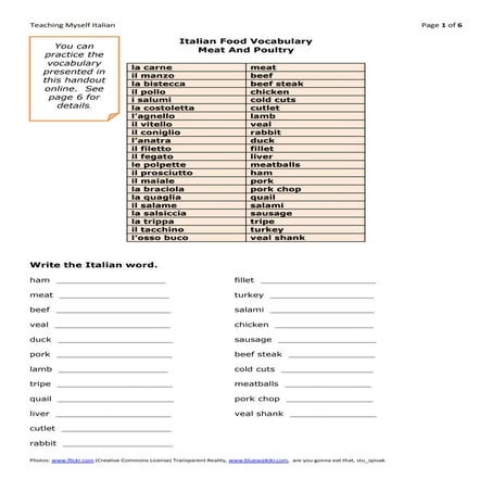Italian food vocabulary meat and poultry | PDF