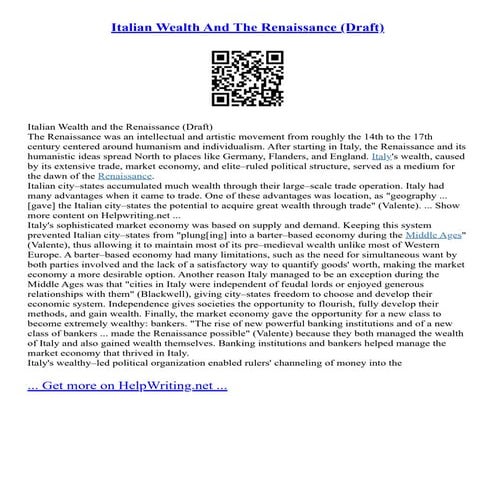 Italian Wealth And The Renaissance (Draft) | PDF