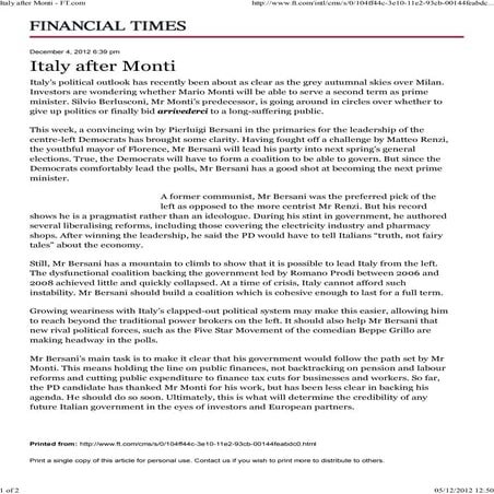 Italy After Monti - Financial Times | PDF