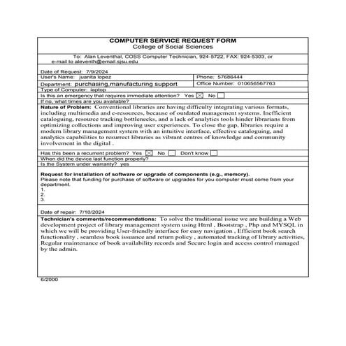 IT Computer Service Requsyest Forlibrary m.doc | Computing | Technology ...