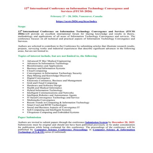 Call For Submission-ITCSS 2026-February 21 ~ 22, 2026, Vancouver ...