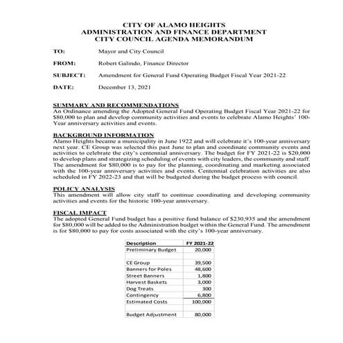 Item # 13 Budget Amendment for COAH 100-Year Celebration | PDF