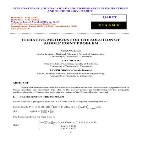 Iterative Methods For The Solution Of Saddle Point Problem Pdf