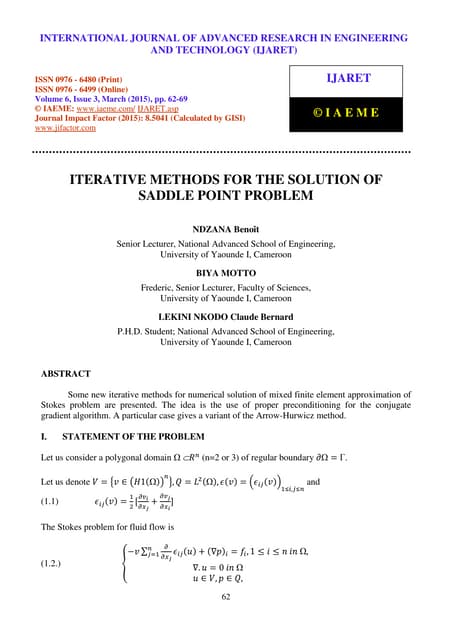 Iterative Methods For The Solution Of Saddle Point Problem Pdf